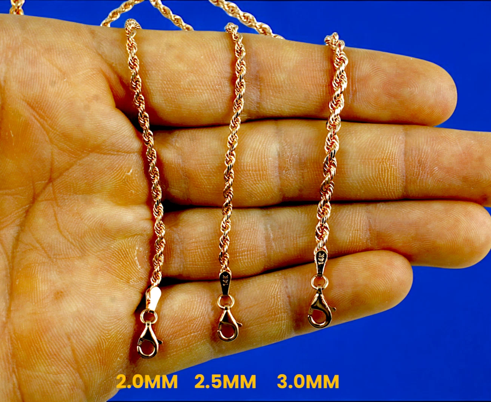 14K Rose Gold Rope Chain Necklace Bracelet Diamond Cut Real Gold 2mm ...