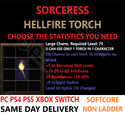 PC PS4 PS5 XBOX SWITCH NON-LADDER Sorceress Torch Sorc Diablo 2 ...