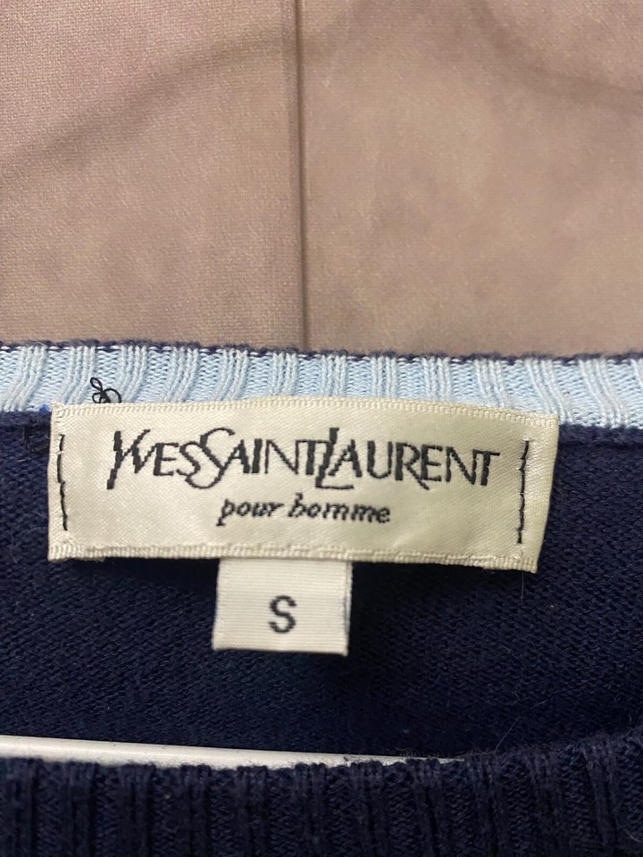 Yves Saint Laurent YSL Big Logo Knit Sweater Navy Blue Mens | eBay