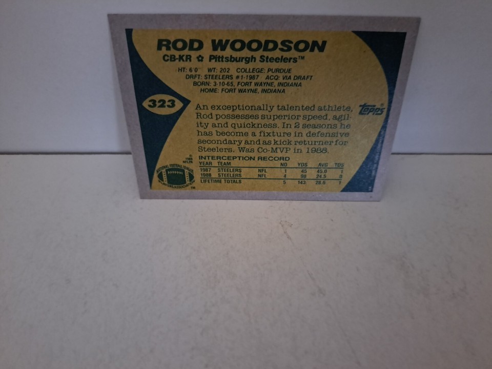ROD WOODSON 1989 CARD Topps #323 Rookie Rc PITTSBURGH STEELERS Purdue ...