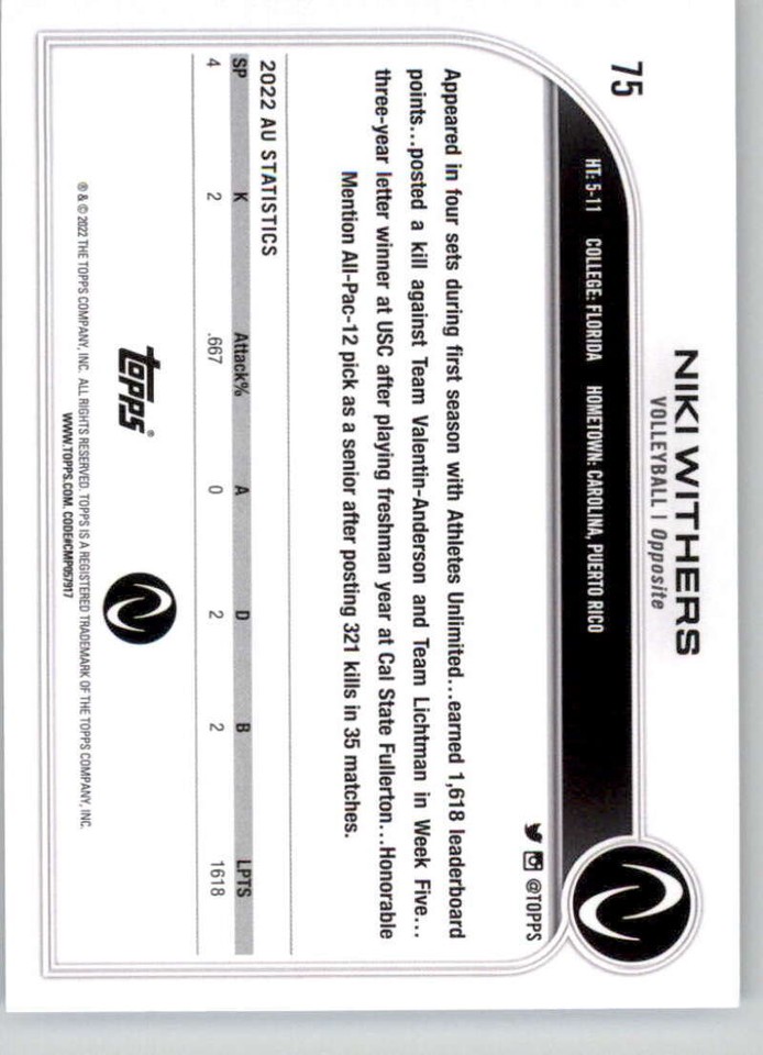 2023 Topps Athletes Unlimited All Sports #75 Niki Withers NM-MT | eBay