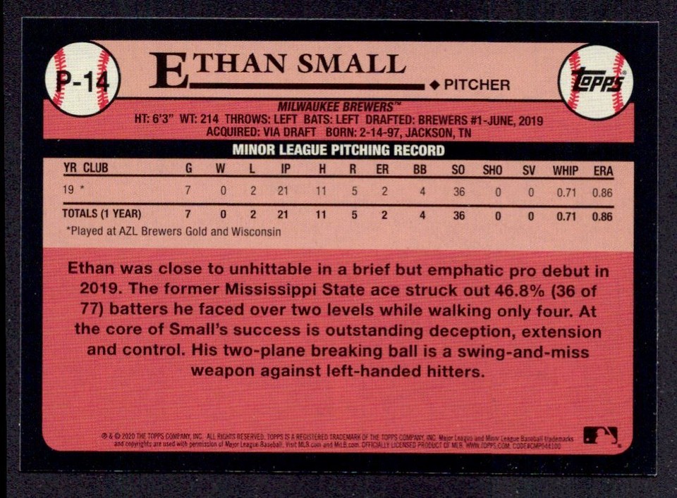 2020 Topps Update Prospects Ethan Small Milwaukee Brewers #P-14 | eBay