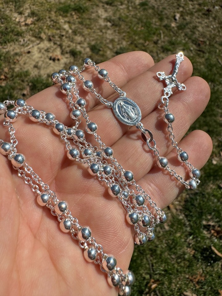 Men's 30" Long Rosary Beads Necklace Solid 925 Sterling Silver Rosario ITALY 5mm | eBay