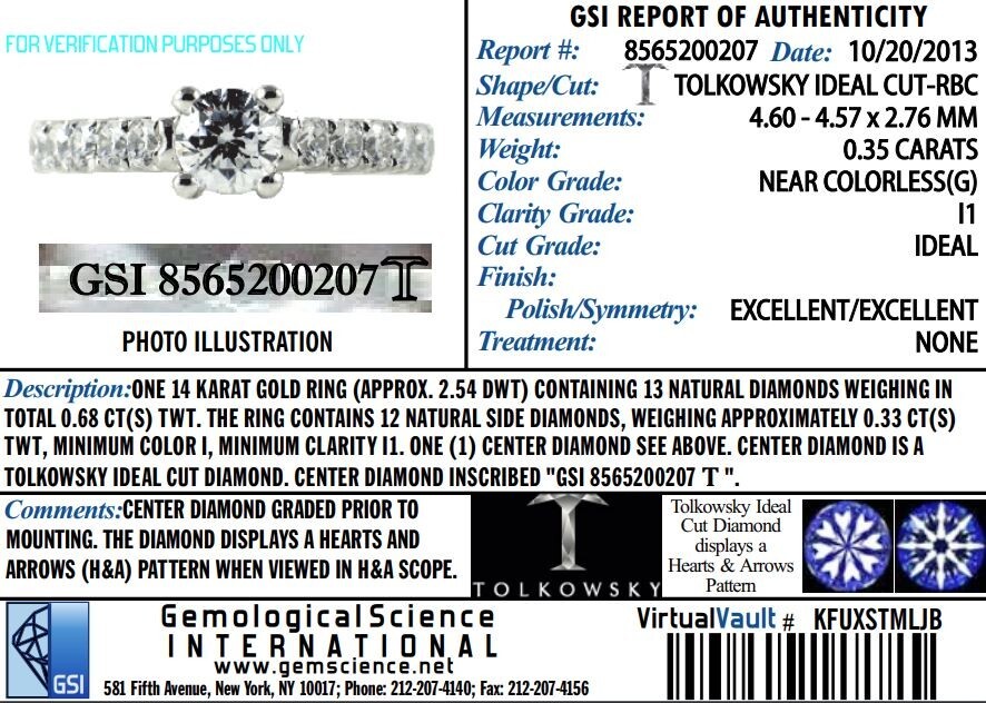 $2,750 Tolkowsky 14K White Gold GSI Round Diamond Engagement Ring 6.25 ...