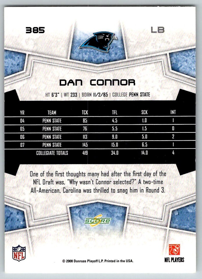 2008 SCORE DAN CONNOR RC CAROLINA PANTHERS #385 | eBay