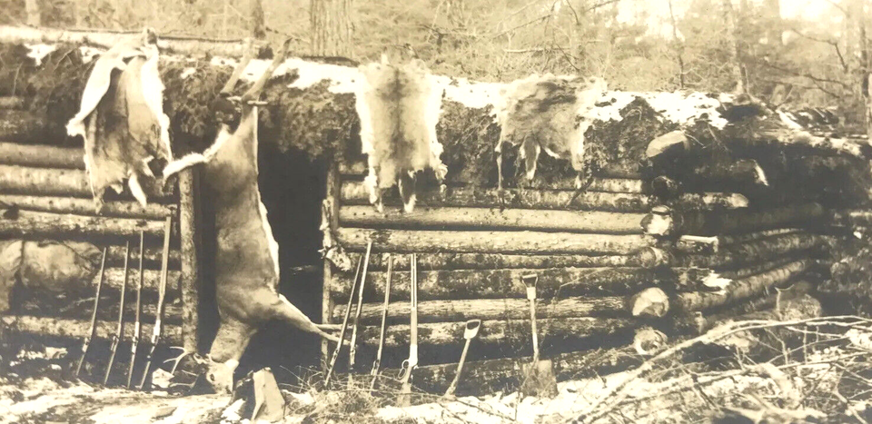 Antique RPPC Hunting Hunters Log Cabin Guns Rifles Animal Hides Deer ...