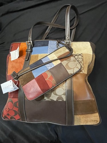 NEW COACH HOLIDAY PATCHWORK SIGNATURE SUEDE GALLERY LG TOTE BAG PURSE ...