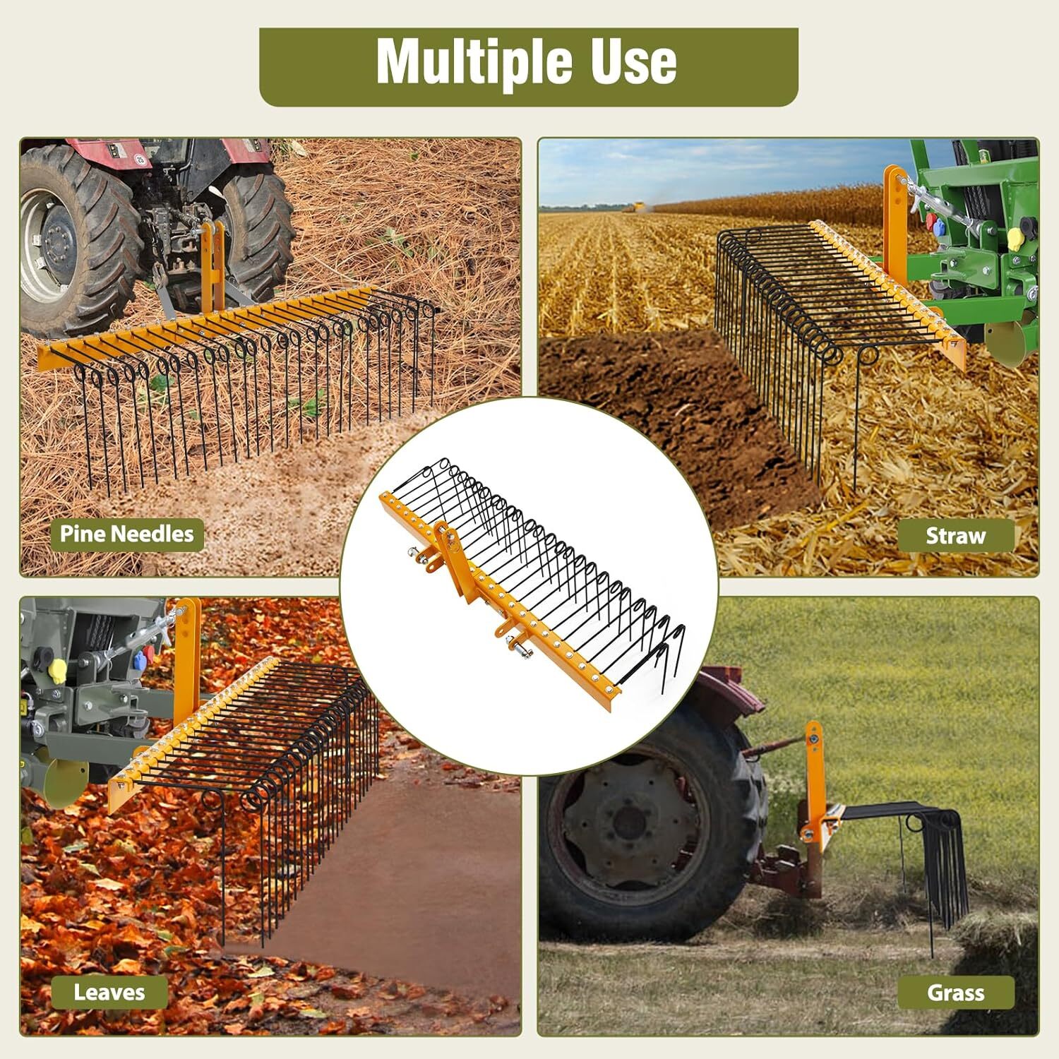Heavy Duty Steel 72" 3 Pt Pine Straw Rake Attachment for Cat-0 & Cat-1 ...