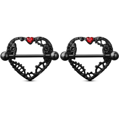 Pair Red CZ Heart on Gothic Nipple Shield Rings 14 Gauge 9/16 Inch ...