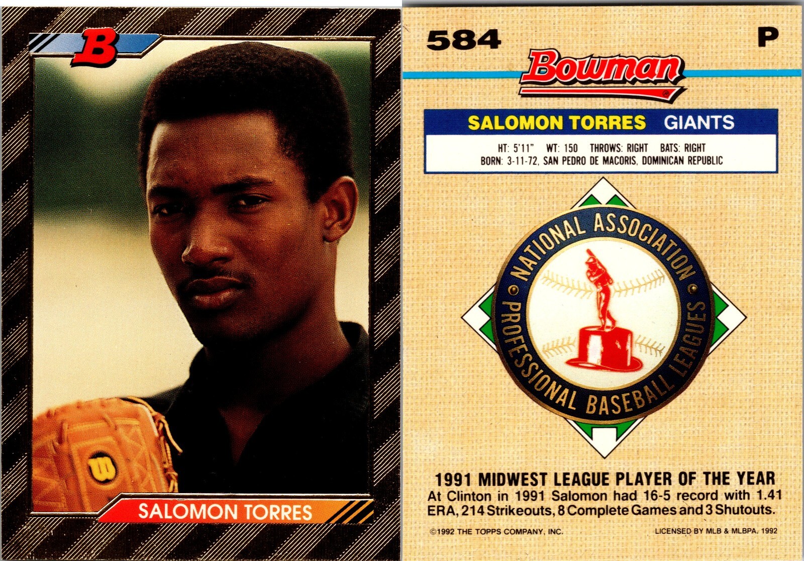 SALOMON TORRES - 1992 Bowman Fresh Rip-Mint Condition - San Francisco ...