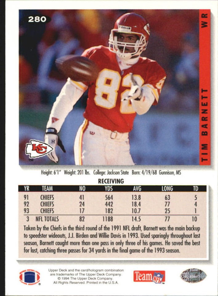 1994 Collector's Choice Silver Chiefs Football Card #280 Tim Barnett | eBay