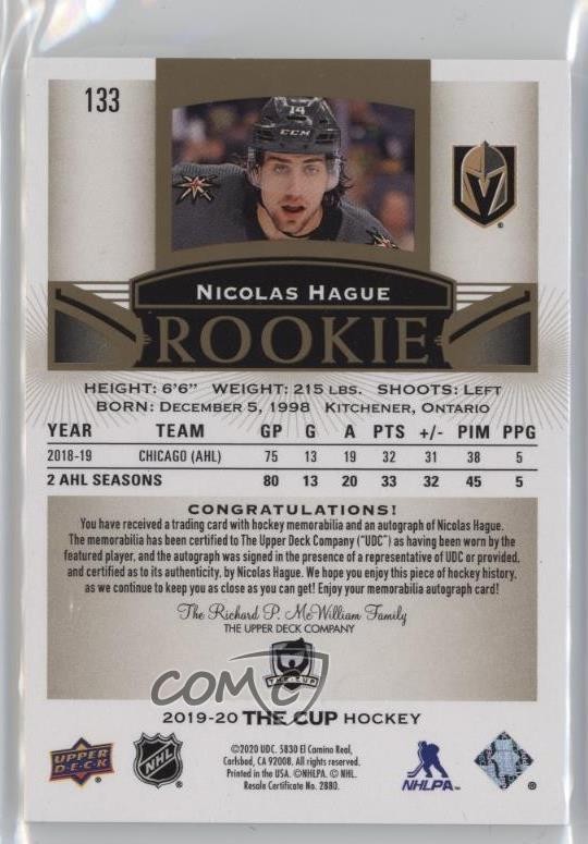 2019-20 Upper Deck The Cup Gold Foil /24 Nicolas Hague RPA Rookie Patch ...
