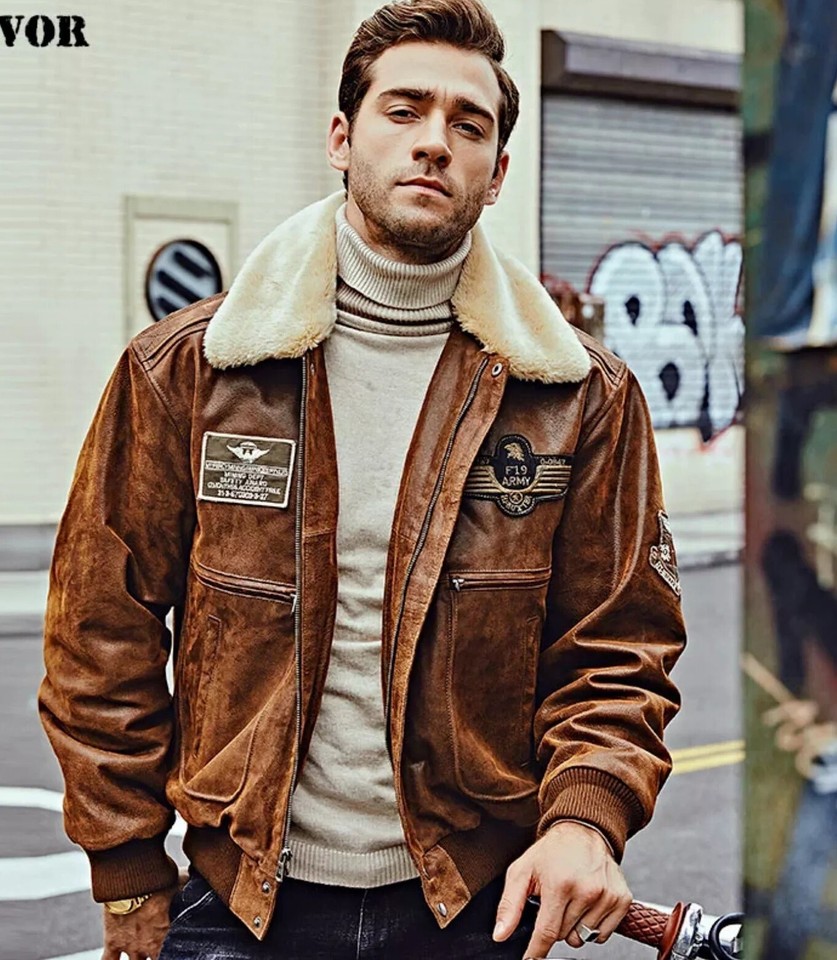 Men's A2 Aviator Bomber Leather Jacket With Removable FUR Collar ...