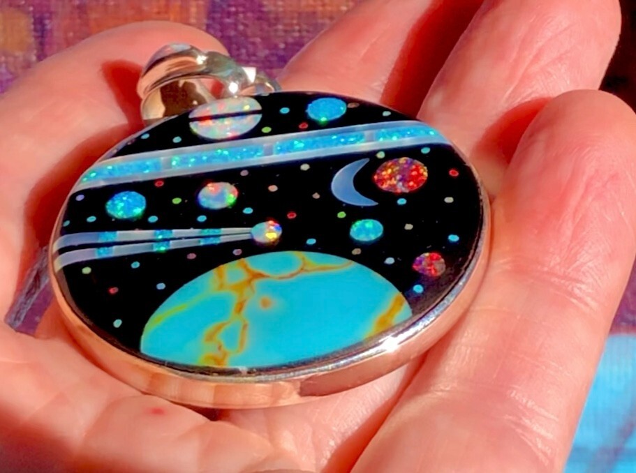 BIG! NASA Deep SPACE Red Dwarf Opal Pictorial Pendant necklace Sterling ...