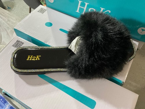 H2K ELEGANCE Black Comfort Slides Sandals Open Toe Glitter Bling Ultra ...