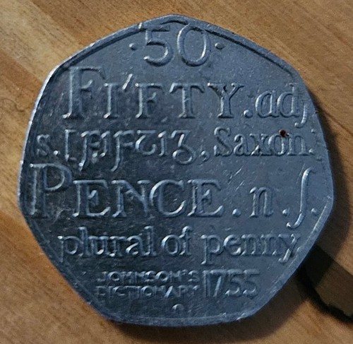 2xVERY RARE 50p Fifty Pence Coin Johnson's Dictionary 1755 Saxon Plural ...
