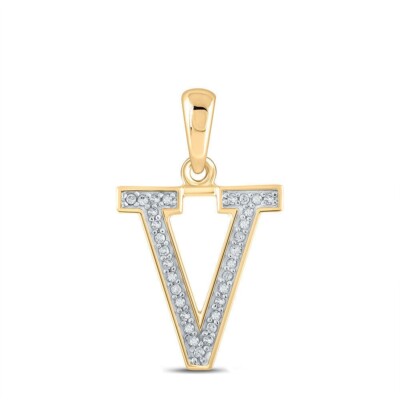 10K Yellow Gold Round Diamond V Initial Letter Pendant Charm Small Tiny ...