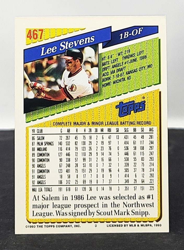 LEE STEVENS Signed Autographed 1993 Topps Baseball Card #467 California ...