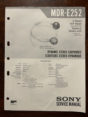 Sony MDR-E252 Dynamic Stereo Earphones Service Manual Original Vintage Genuine | eBay