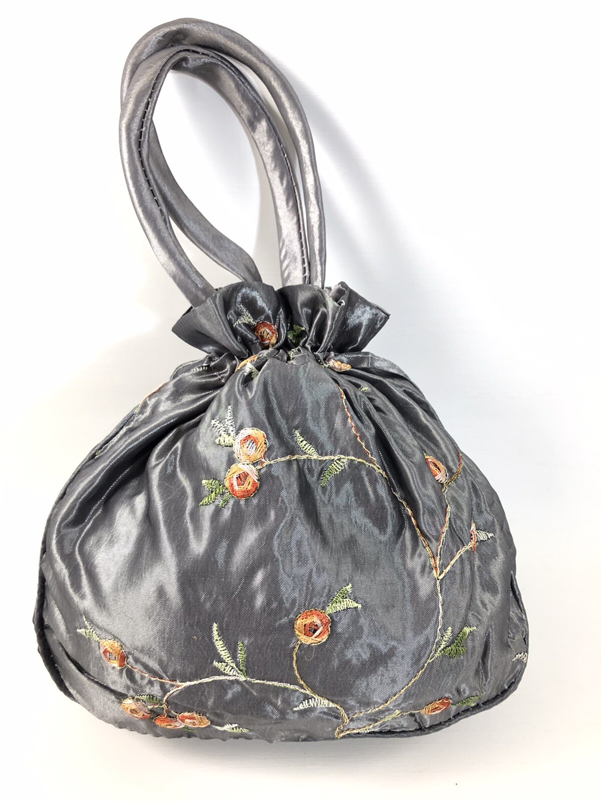 Silver Pewter Satin Rose Pattern Drawstring Cosmetic Bag Large Travel ...