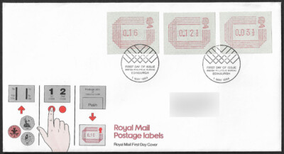 GB 1984 Royal Mail Postage Labels Framas stamp First Day Cover 3½p, 12½ ...