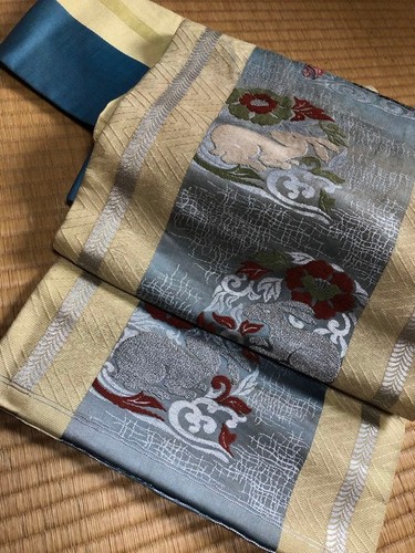 Japanese Kimono Antique Nagoya obi Shosoin pattern rabbit flower Silver ...