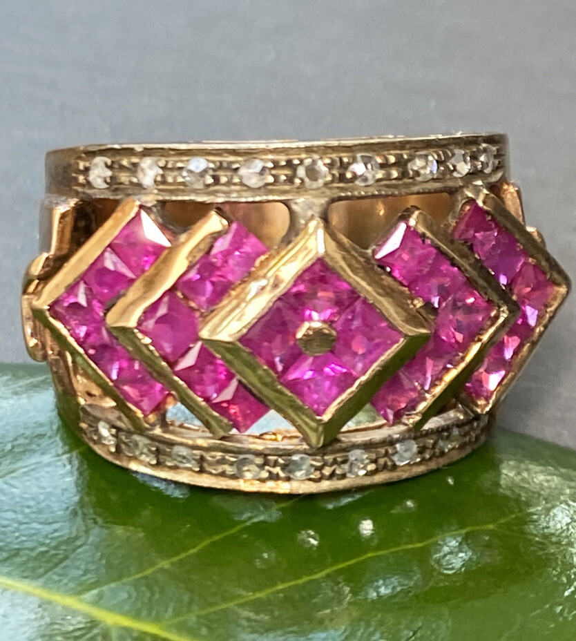 Vintage Ruby Diamond Band Ring Estate Fine Jewelry Pre-Owned Chevron X ...