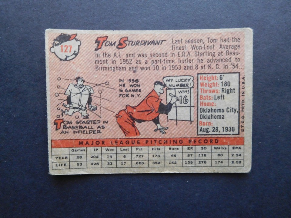 TOM STURDIVANT NEW YORK YANKEES 1958 TOPPS CARD #127 | eBay