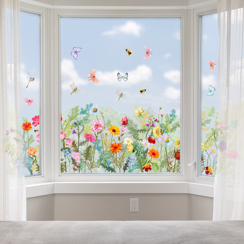Garden Flowers Border Window Clings Static Glass Decals Stickers Vinyl ...