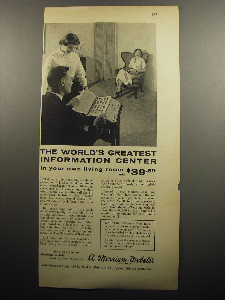 1957 Merriam-Webster New International Dictionary Ad | eBay