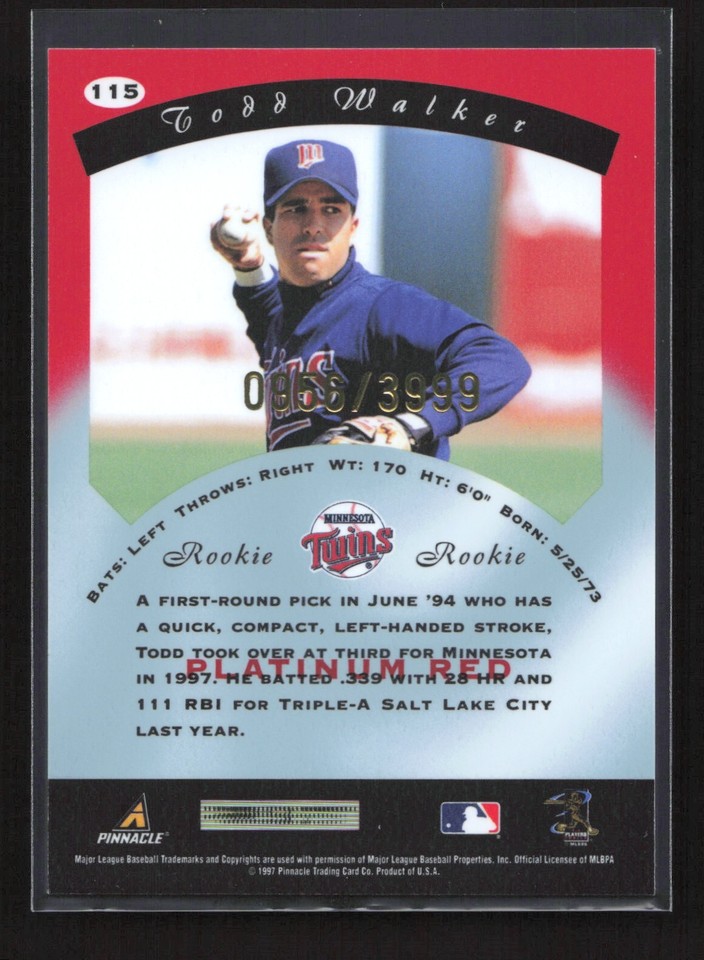 1997 Pinnacle Totally Certified Platinum Red /3999 Todd Walker RC #115 ...