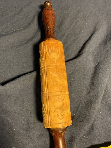 Wooden Cookie Press Rolling Pin 20 Carved Birds Mammals Plants Vintage ...