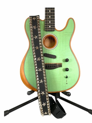 Black Leather 2 Row Studs & Stars Guitar Strap Bass Punk Rock Goth ...