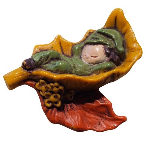 Vintage Hallmark Elf Sleeping in Leaf Brooch Pin 1.63" Fall Color 1970s ...