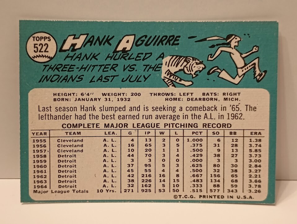 1965 Topps Hank Aguirre #522 Detroit Tigers high # rare!! EX **free ...