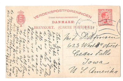 Denmark 10 ore Postal Stationery Card Verdenspostforeningen to Iowa US ...