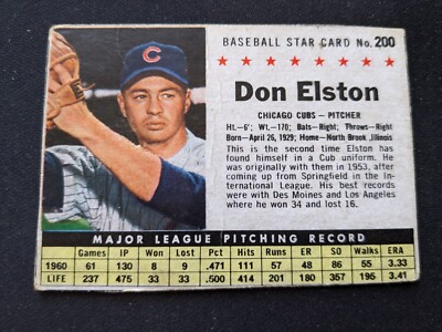 1961 Post Cereal Baseball Card # 200 Don Elston - Chicago Cubs (VG) L-N ...