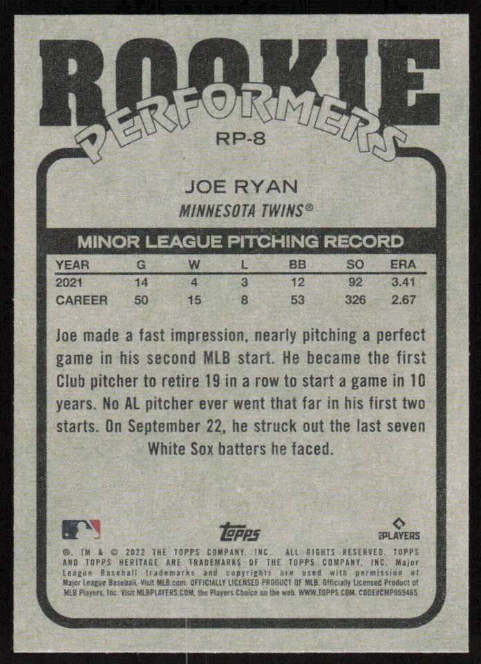 2022 Topps Heritage Rookie Performers #RP-8 Joe Ryan Rookie Performers ...