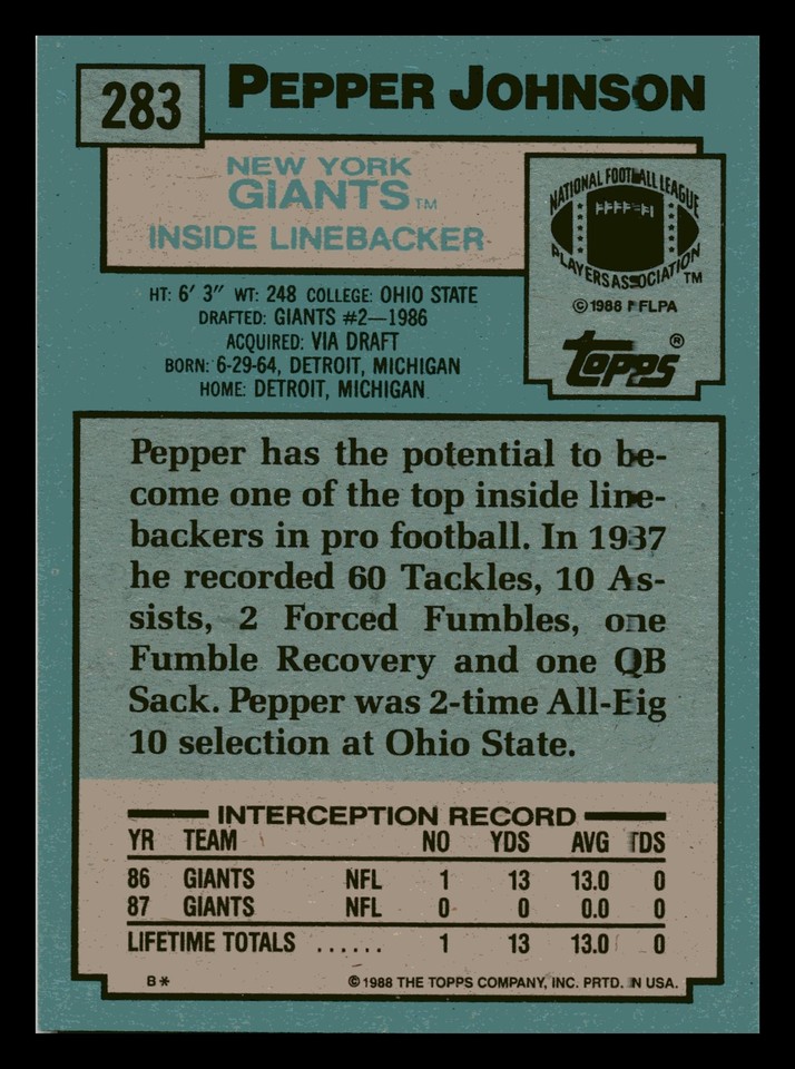 1988 Topps Pepper Johnson HOF #283 New York Giants Mint | eBay