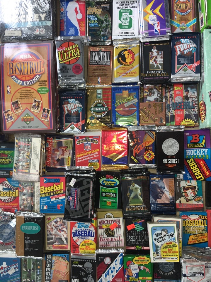 Huge Lot of Unopened Old Vintage Sports Cards in 50 Wax foil cello rack ...