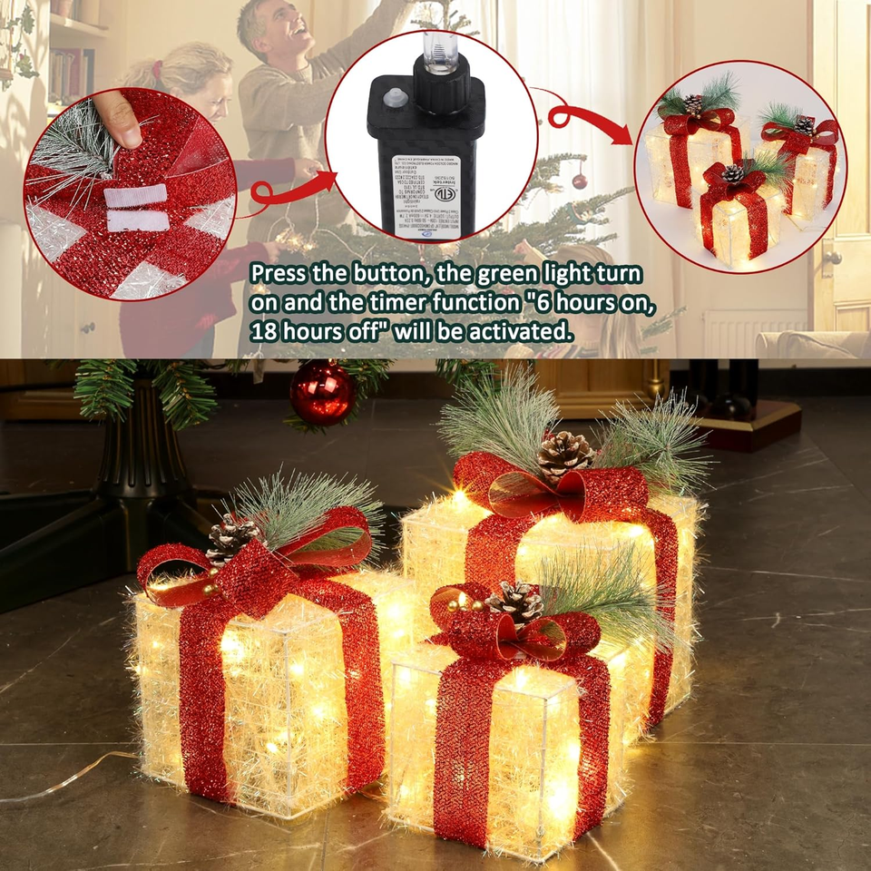 Set of 3 Christmas Lighted Gift Boxes Decorations, Lighted Present Box ...