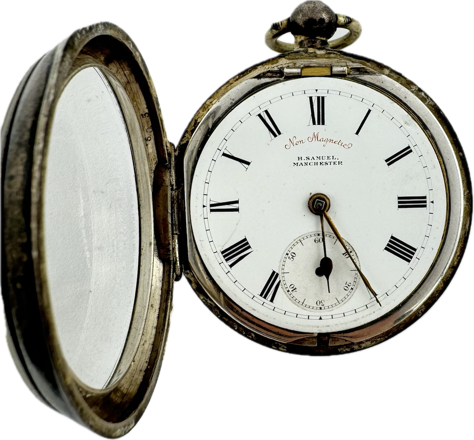 Antique 55mm H. Samuel Manchester Key Wind Pocket Watch Sterling Silver ...