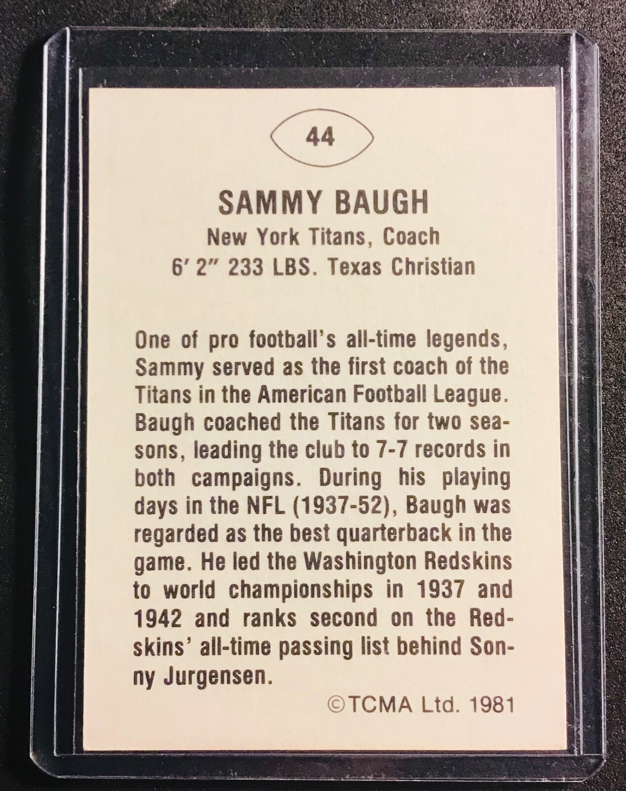 New York Titans HOF SAM SAMMY BAUGH 1981 TCMA auto autographed signed ...