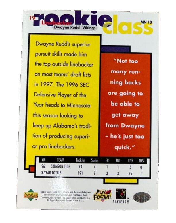 1997 UPPER DECK ROOKIE CLASS CARD # 19 Dwayne Rudd - Minnesota Vikings ...