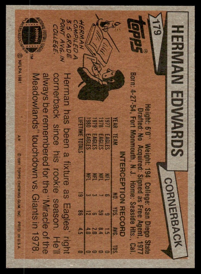 1981 Topps Football Card Herman Edwards Philadelphia Eagles #179 | eBay