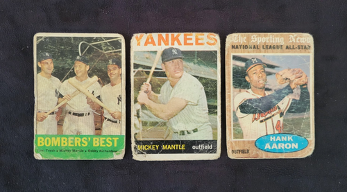 3 CARDS LOT TOPPS 1962 TO 1964 MICKEY MANTLE #50-173 HANK AARON #394 ...