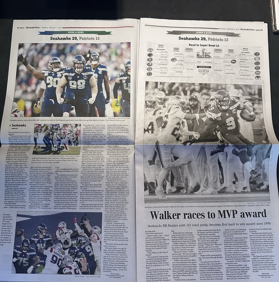 SEATTLE SEAHAWKS SEATTLE TIMES FULL NEWSPAPER 2/9/2026 SUPERBOWL CHAMPS ...