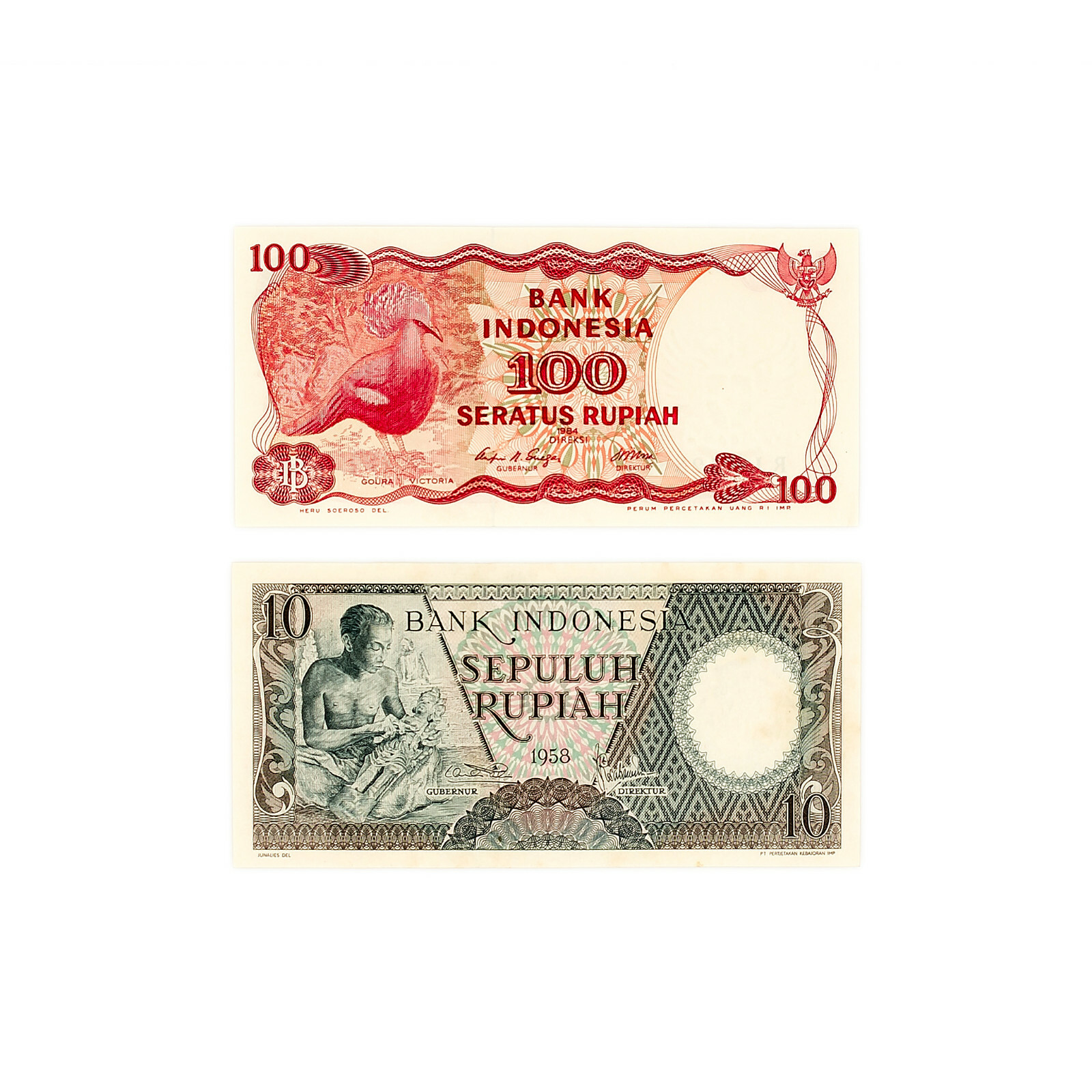 Set of 2 diff. Indonesia 10 Rup. 1958 P-56 and 100 Rup. 1984 P-122b Au ...