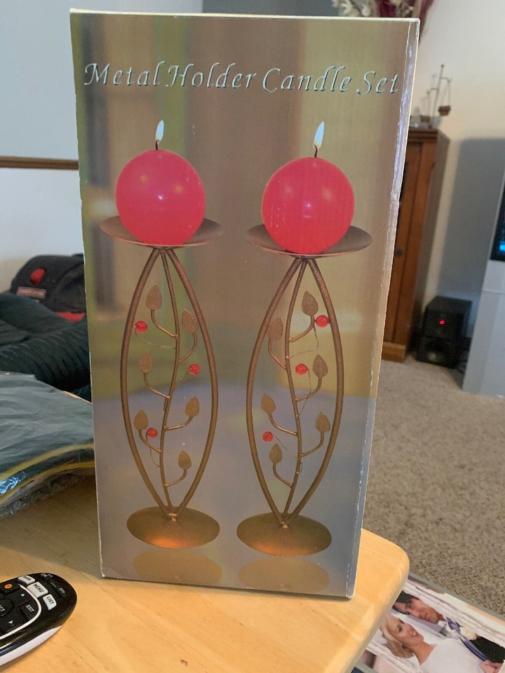 2 Piece Metal Holder Candle Holder Set Red Round Candle W Leaves & Red ...