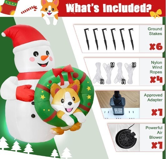 6FT Christmas Inflatable Snowman Decoration with Corgi Wreath and LED ...